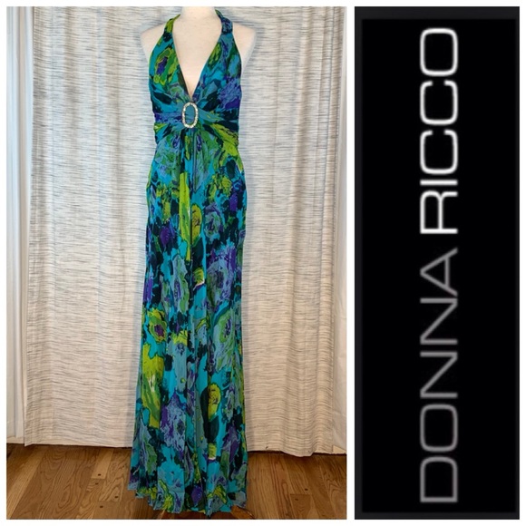 Donna Ricco | Dresses | Donna Ricco Halter Maxi Gown In Blue And Green ...